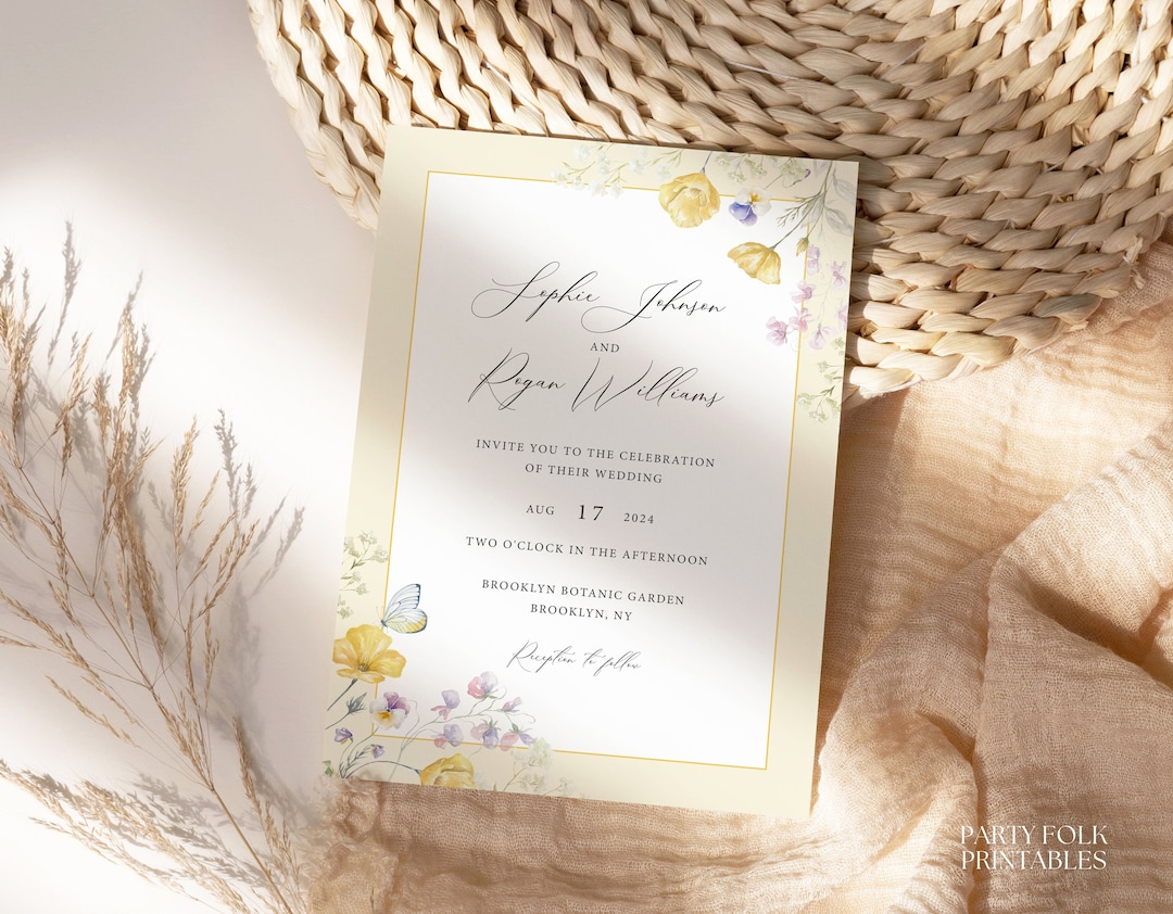 Boho Floral Wedding Invitation Template, Printable Romantic Yellow Pink ...