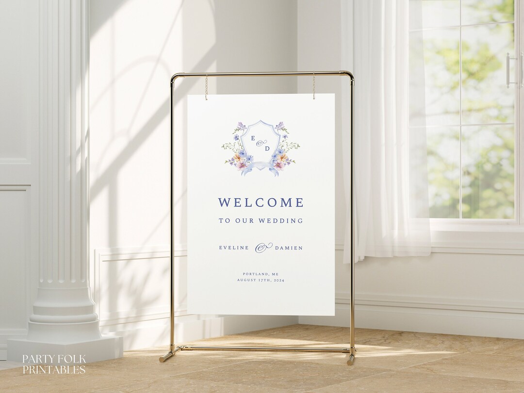 Wedding Welcome Sign Template, Blue Floral Crest Welcome Sign ...
