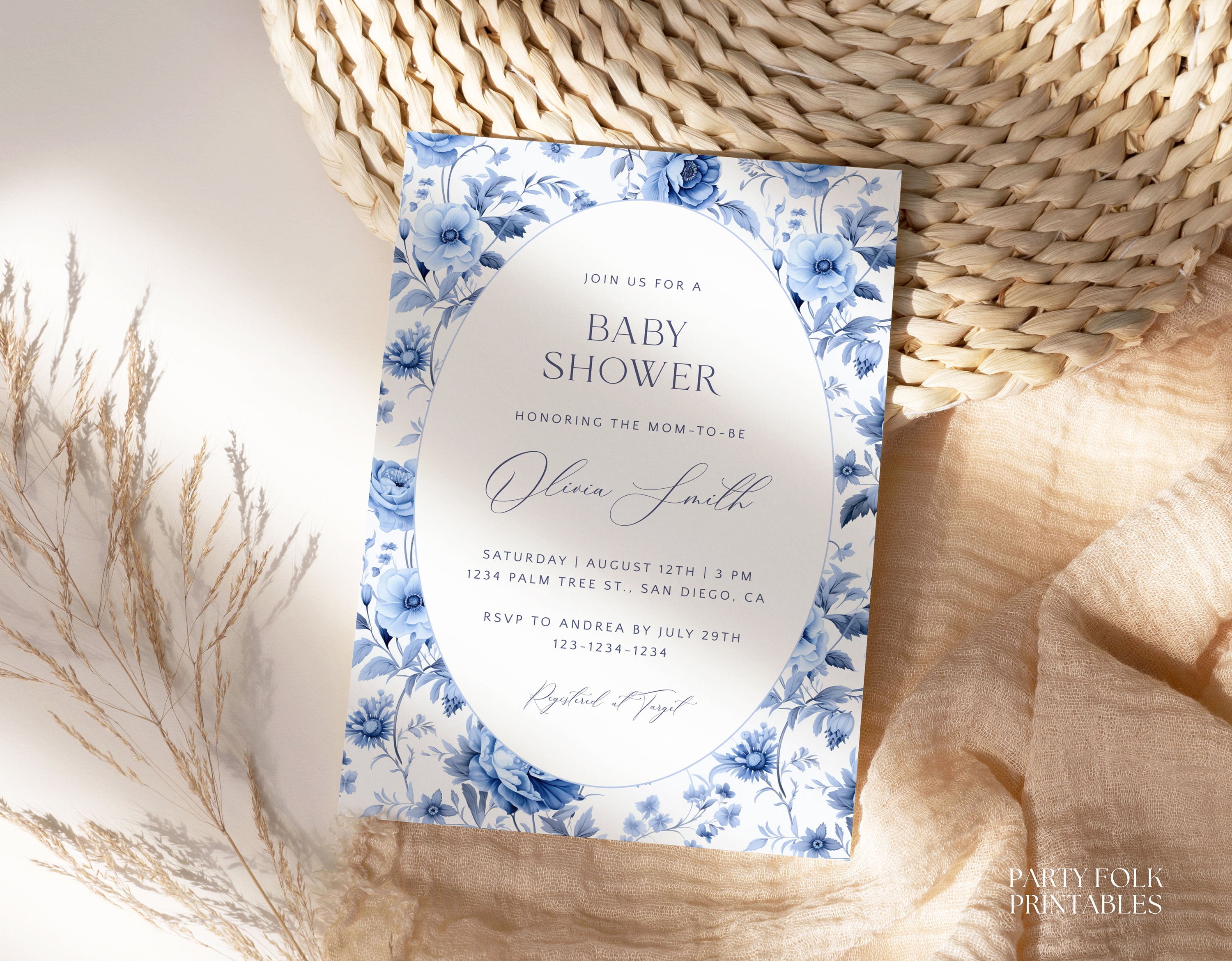 Editable Blue Toile Baby Shower Invitation Template Set Dusty - Etsy