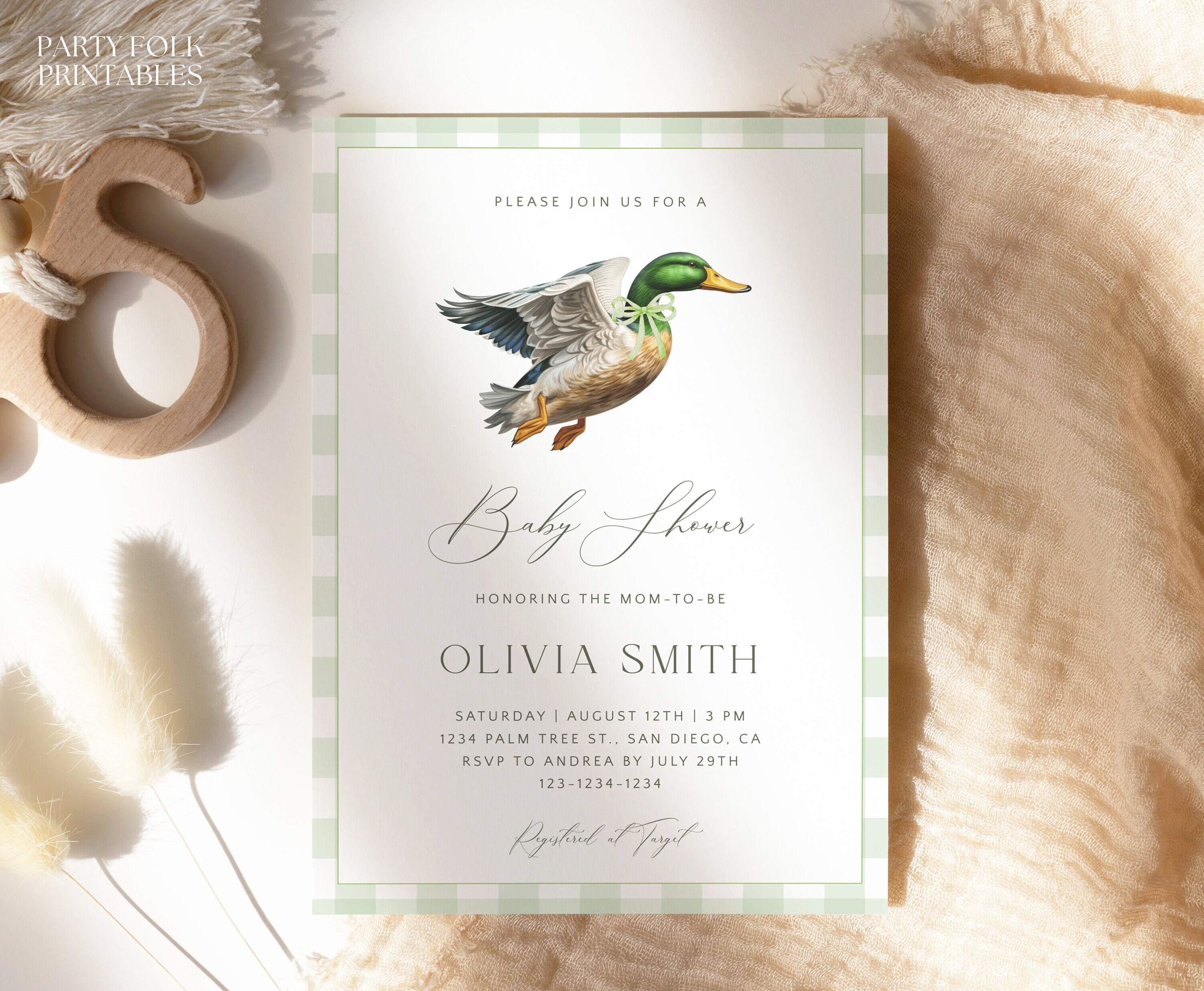 Editable Mallard Duck Baby Shower Invitation Set Template, Green ...