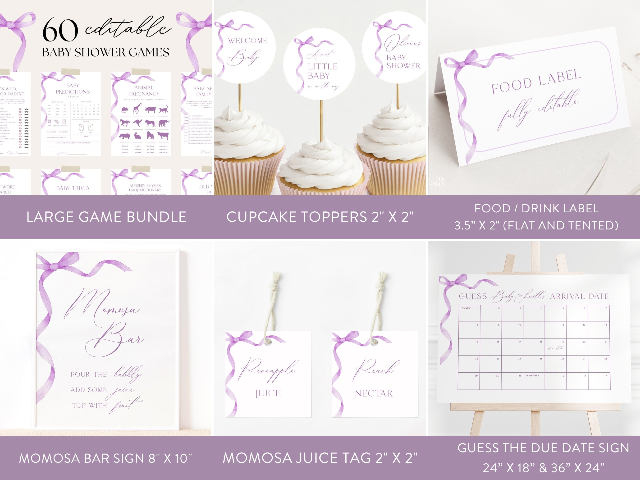 Editable Lilac Bow Baby Shower Template Bundle Purple Baby - Etsy