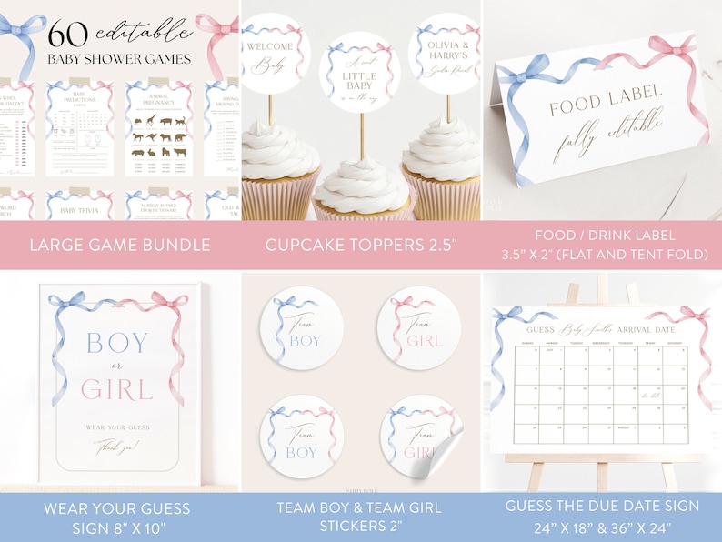 Editable Gender Reveal Party Bundle Template, Pink & Blue Bow Baby ...