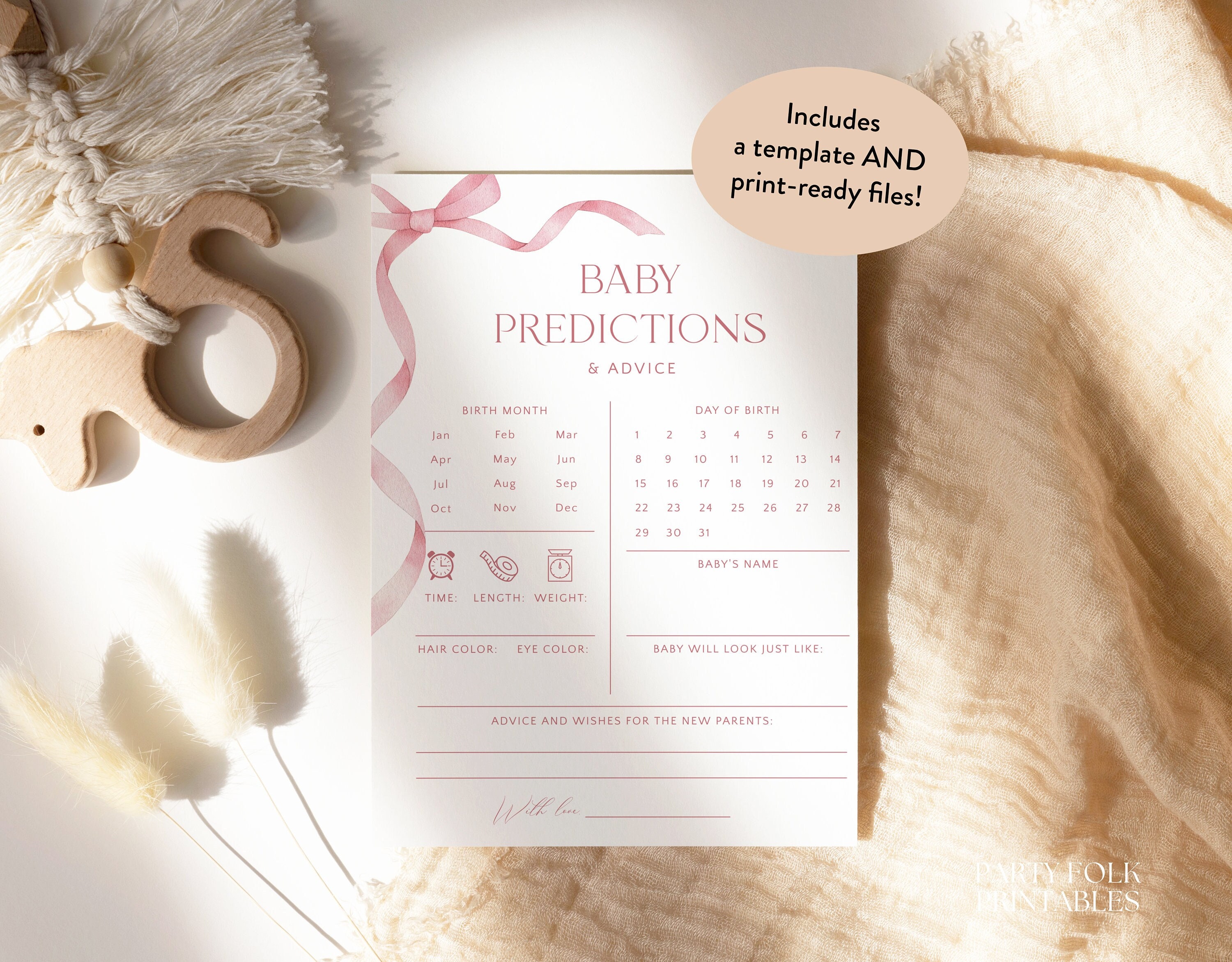 Dusty Pink Bow Baby Shower Predictions and Advice Cards, Girl Baby ...