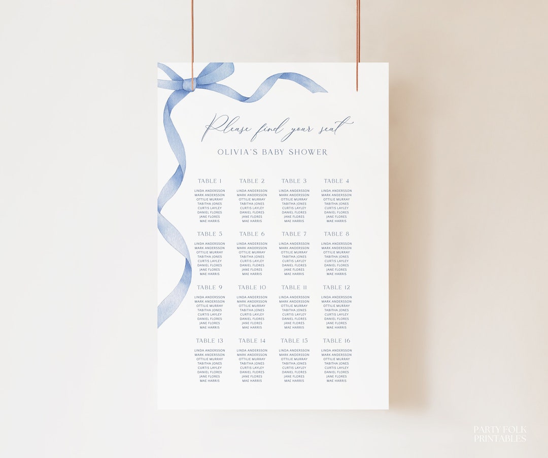 Editable Blue Bow Seating Chart Template, Instant Boy Baby Shower ...