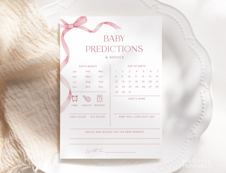 Dusty Pink Bow Baby Shower Predictions and Advice Cards, Girl Baby ...