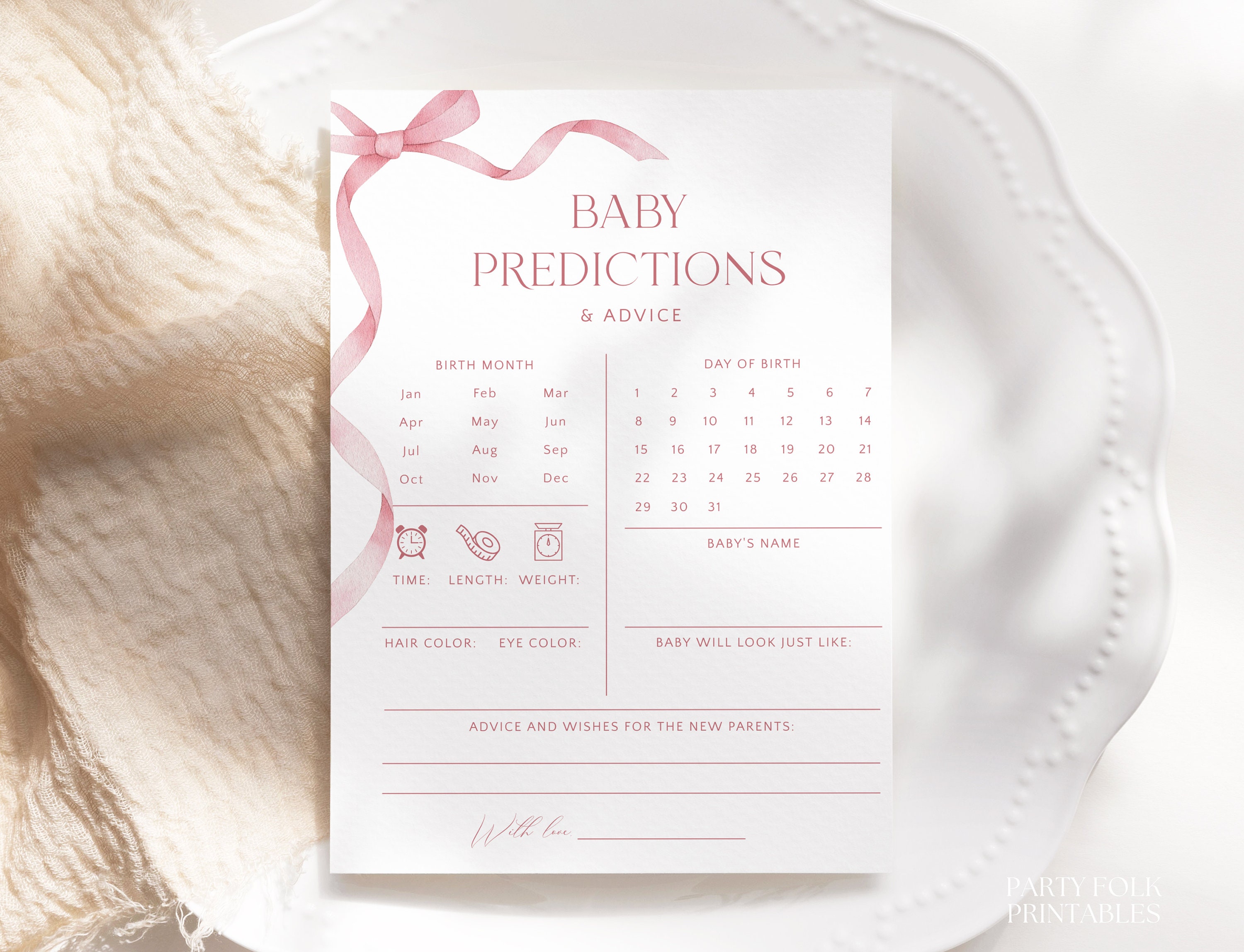 Dusty Pink Bow Baby Shower Predictions and Advice Cards, Girl Baby ...
