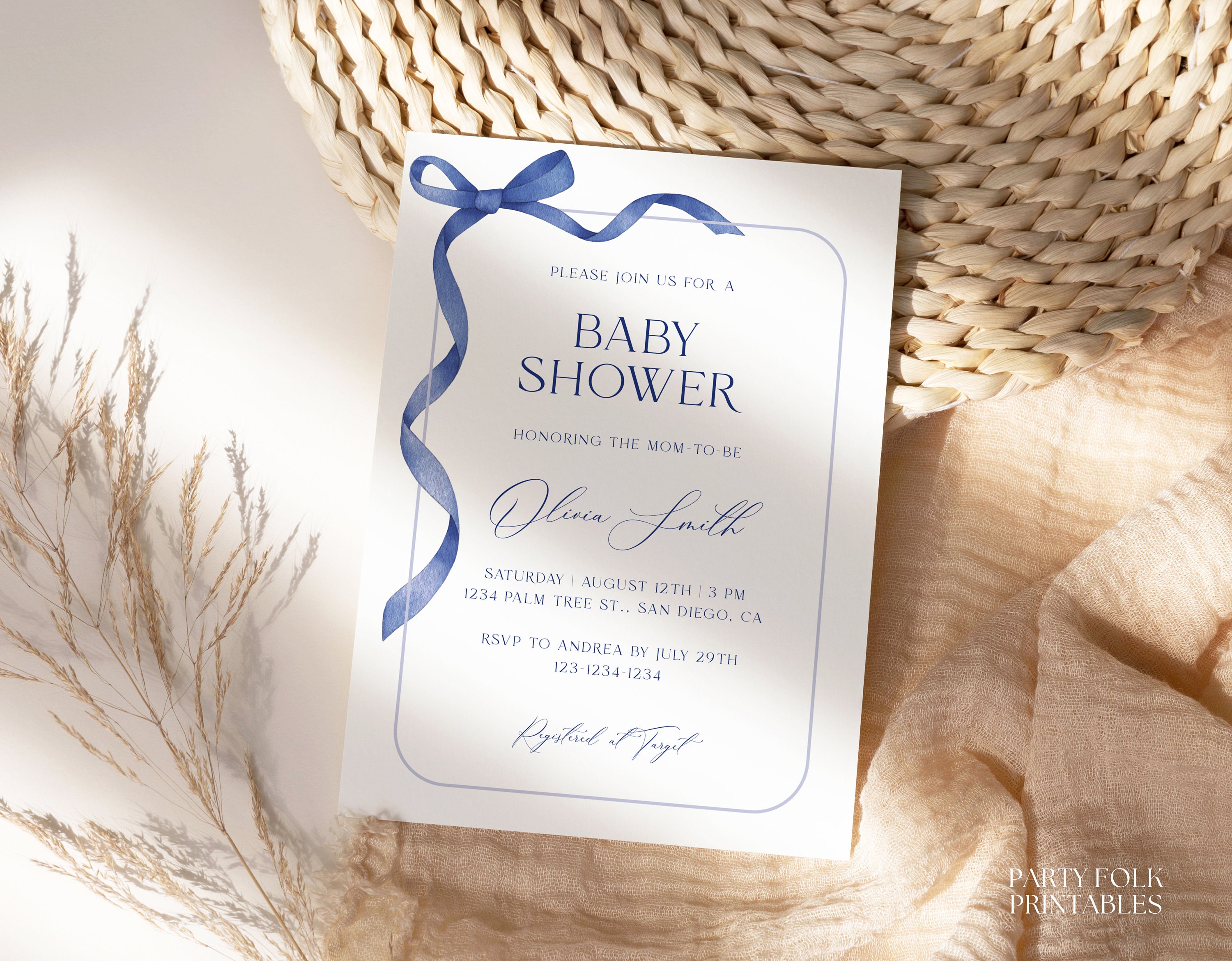 Editable Navy Blue Bow Baby Shower Invitation Template, Blue Ribbon ...