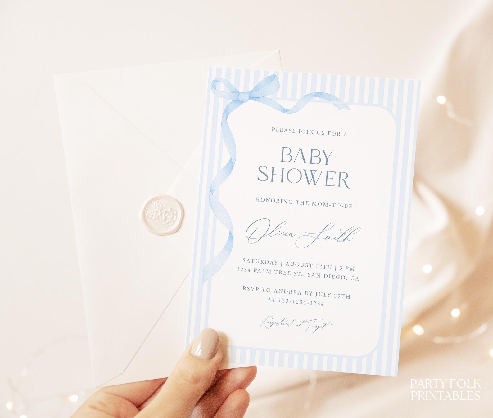 Editable Blue Bow & Stripes Baby Shower Invitation, Blue Ribbon Boy ...