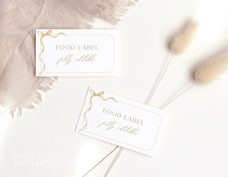 Editable Gold Bow Buffet Card Template, Yellow Food Label, Gold Baby ...