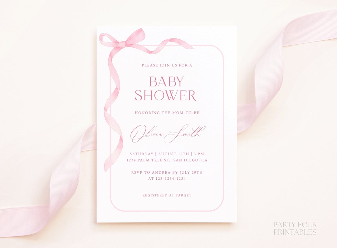 Editable Pink Bow Baby Shower Invitation Template, Blush Pink Girl Baby ...