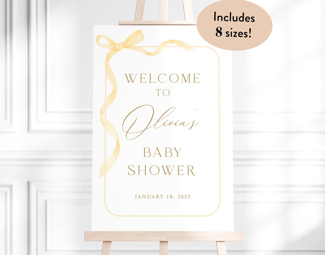 Editable Yellow Bow Baby Shower Welcome Sign Template, Secret Gender ...