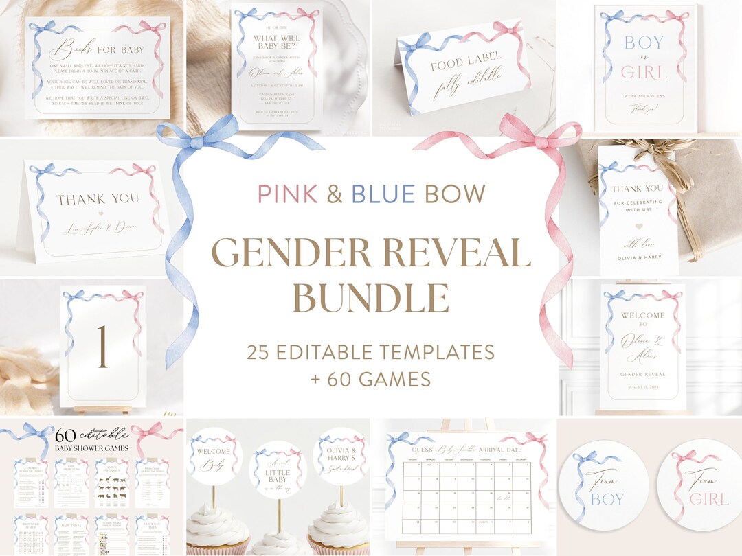Editable Gender Reveal Party Bundle Template, Pink & Blue Bow Baby ...