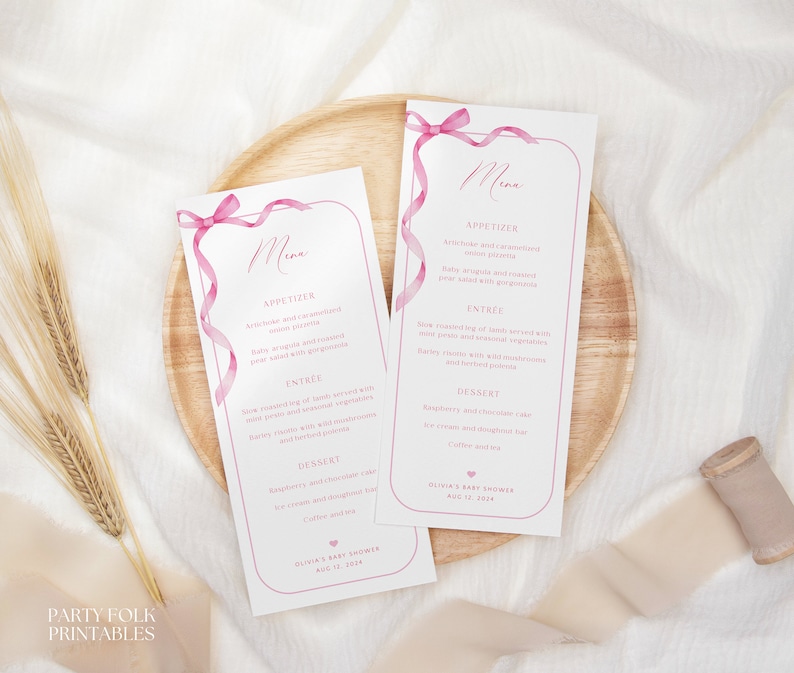 Editable Pink Bow Baby Shower Menu Template, Pink Ribbon Girl Shower ...