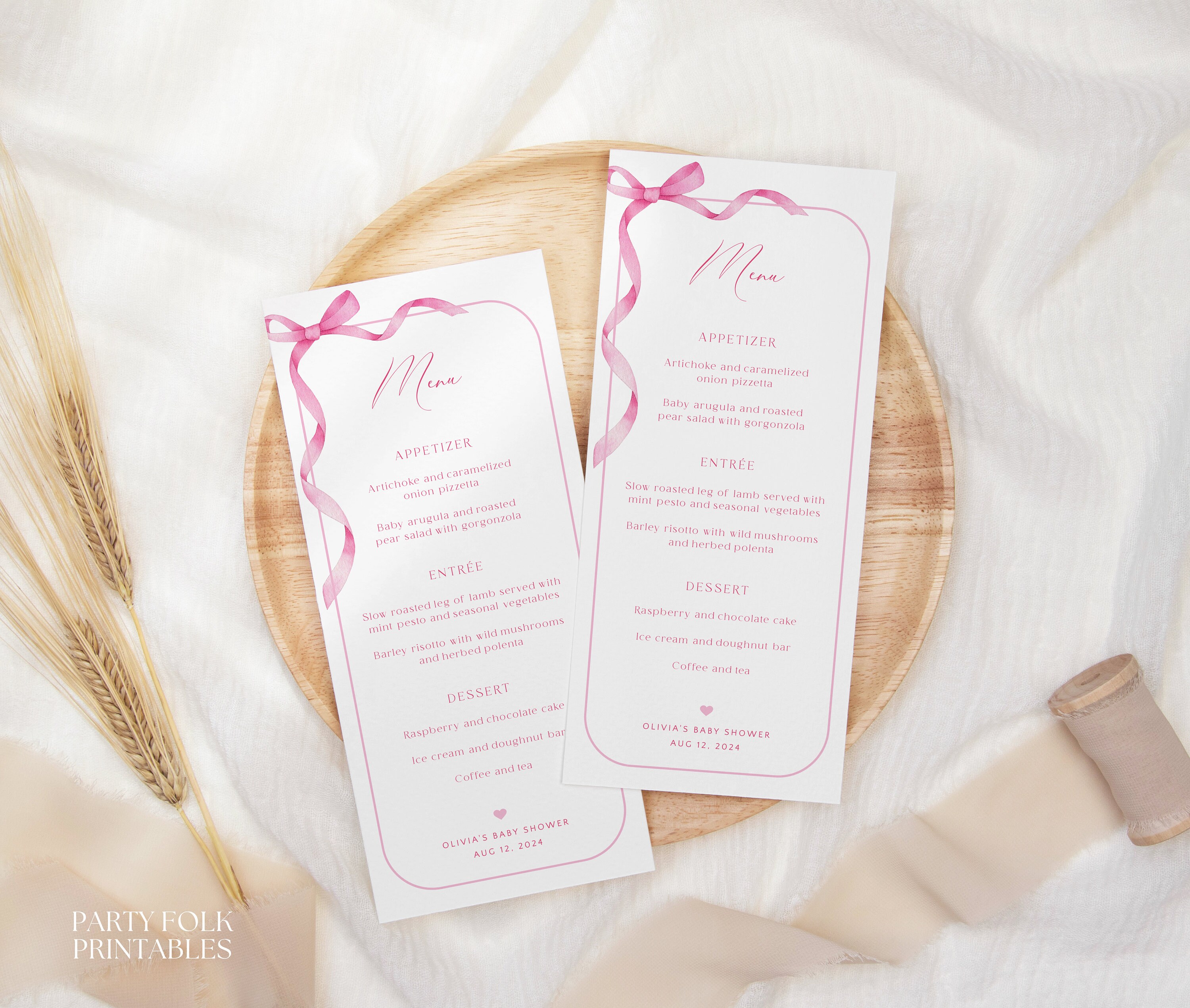 Editable Pink Bow Baby Shower Menu Template, Pink Ribbon Girl Shower ...