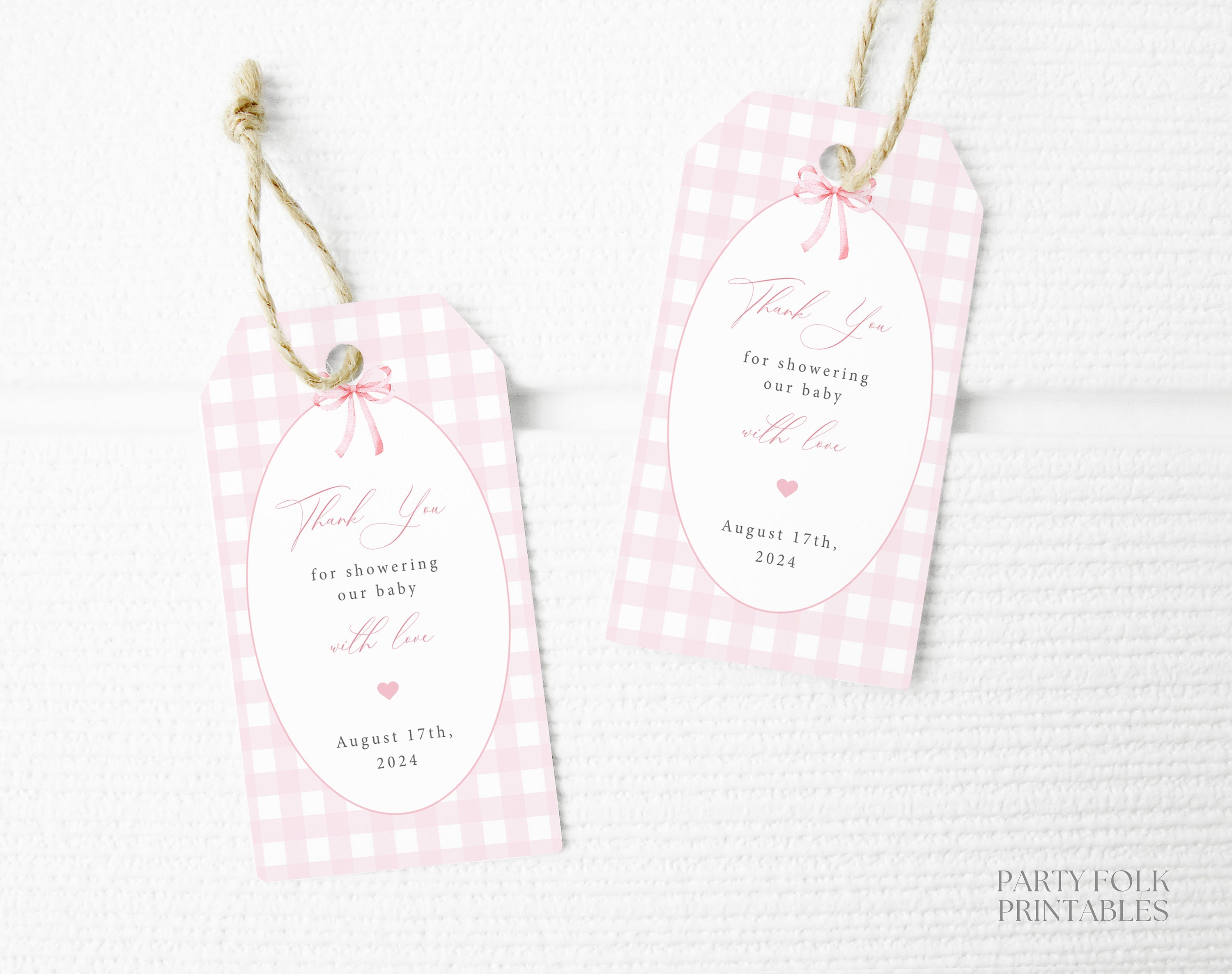 Editable Pink Gingham Preppy Baby Shower Thank You Tag, Printable Girl ...