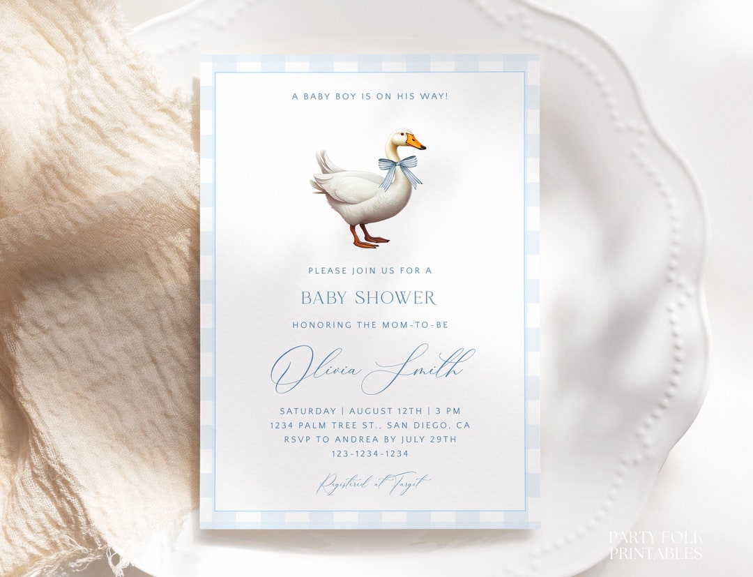 Editable Goose Boy Baby Shower Invitation Template, Blue Gingham Bow ...