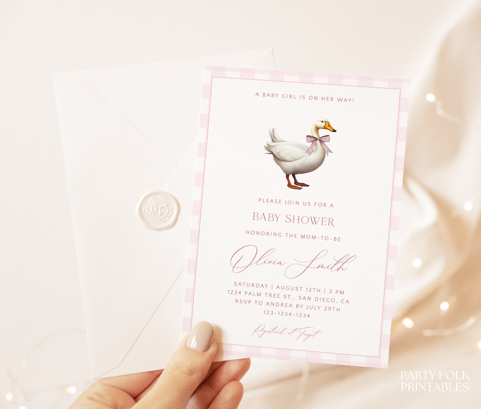 Editable Goose Girl Baby Shower Invitation Template, Pink Gingham Bow ...