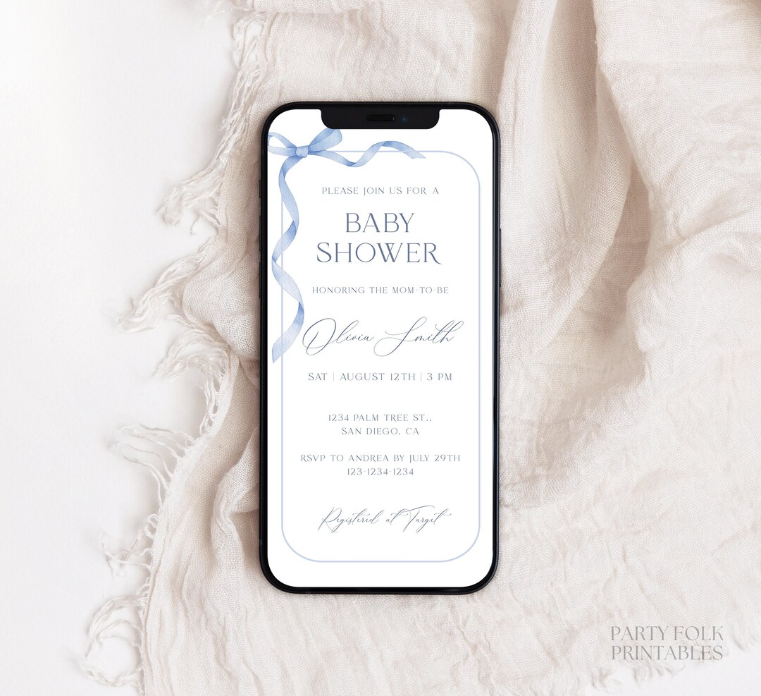 Editable Blue Bow Baby Shower Mobile Invitation Template, Digital Dusty ...