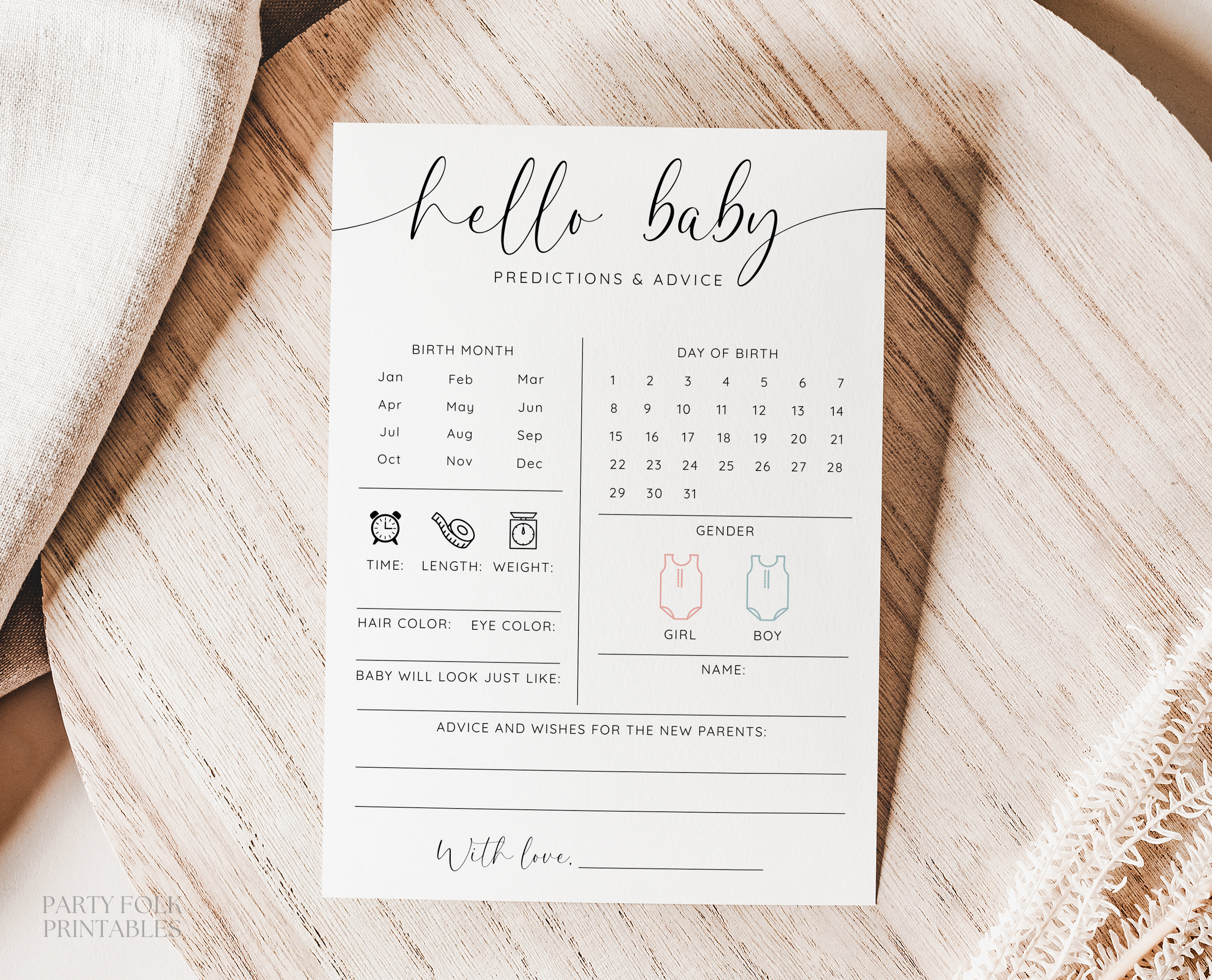 Editable Minimalist Baby Shower Predictions and Advice Card, Modern ...