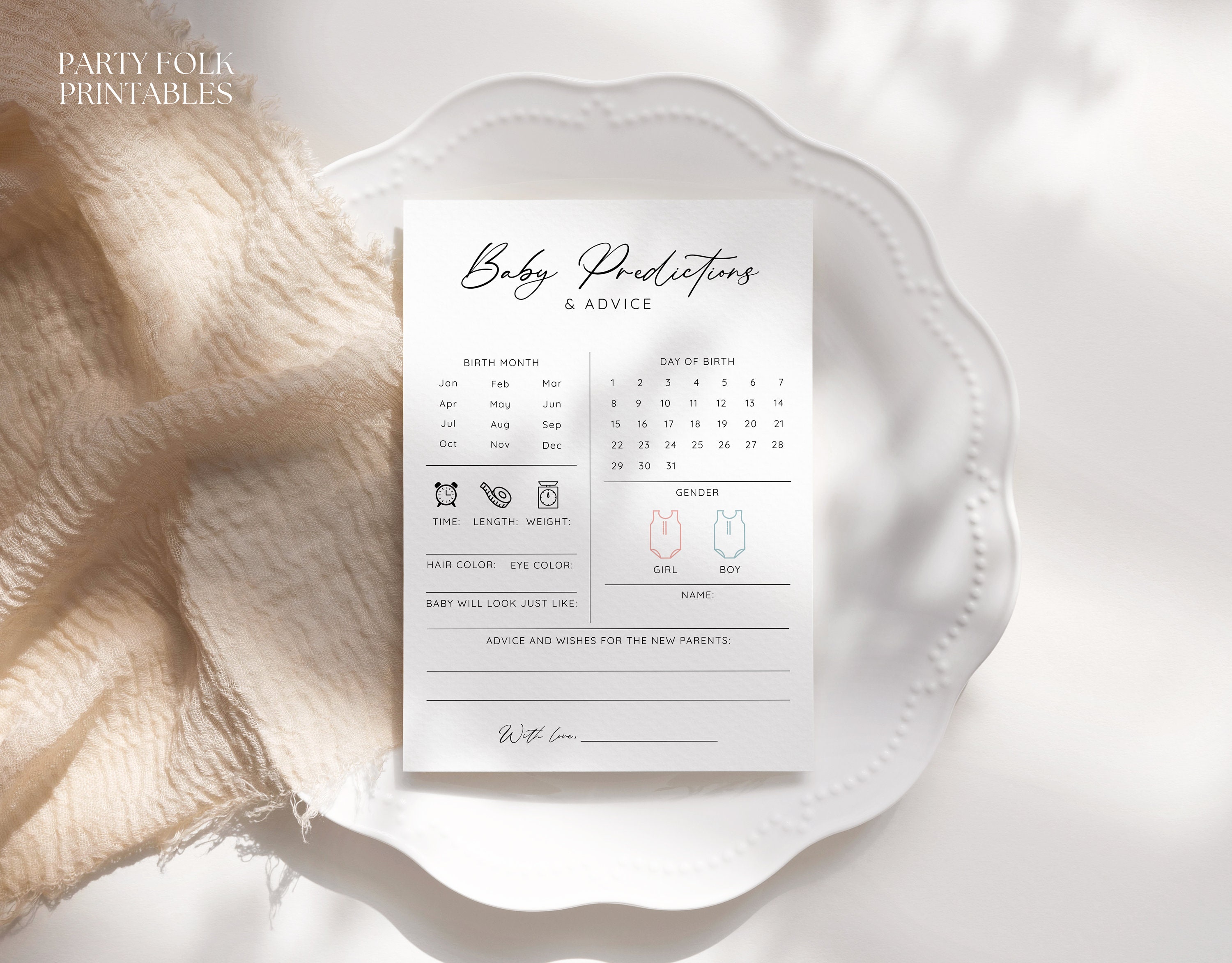 Editable Minimalist Baby Shower Predictions and Advice Card, Modern ...