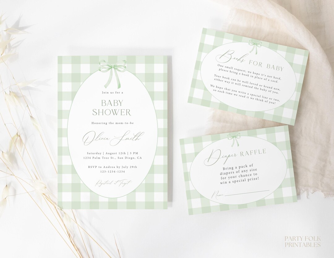 Editable Green Preppy Gingham Baby Shower Invitation Template Set ...