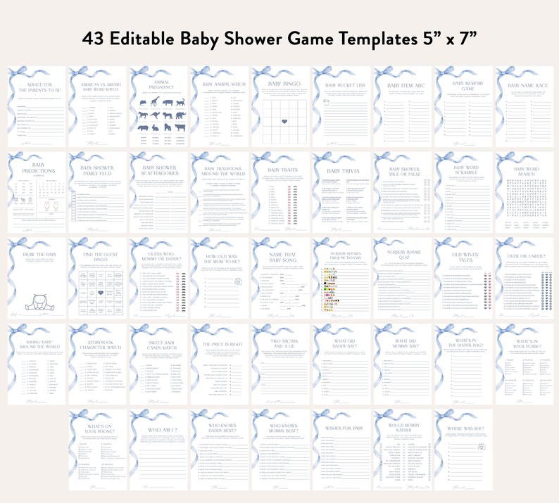 Editable Blue Bow Baby Shower Game Bundle Dusty Blue Ribbon - Etsy
