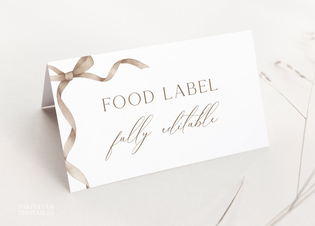Editable Beige Bow Buffet Card Template, Boho Food Label, Beige Baby ...