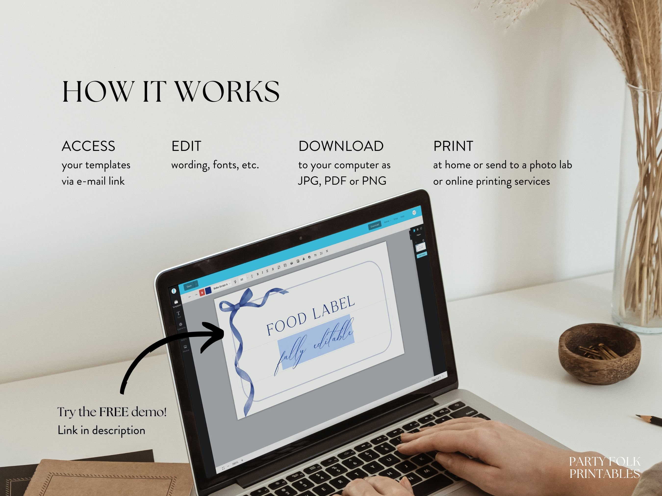 Editable Navy Blue Bow Buffet Card Template, Blue Food Label, Royal ...