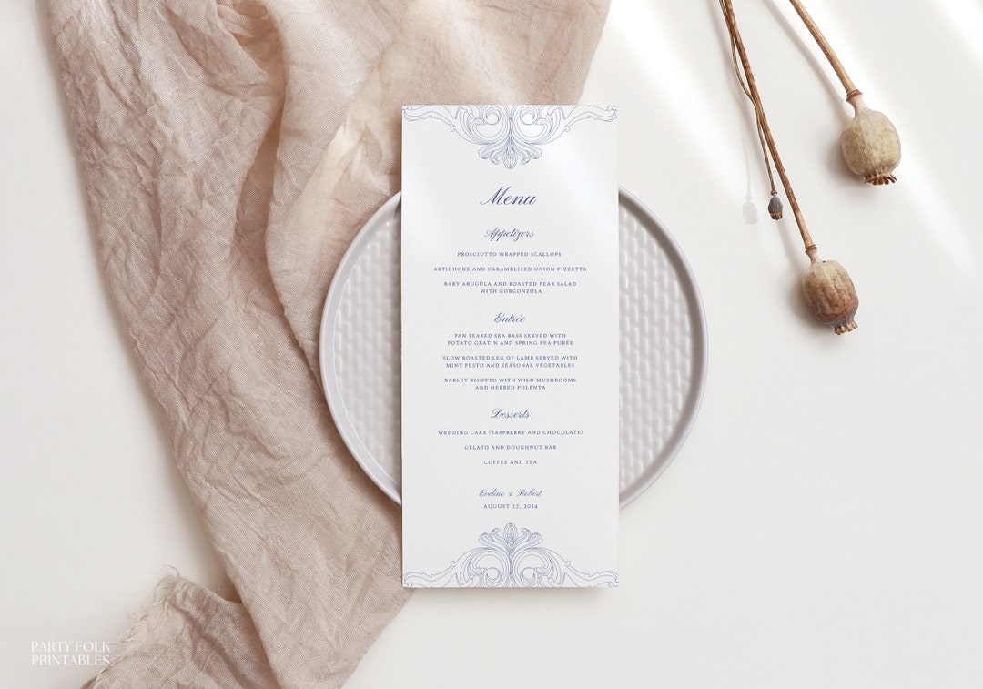 Blue Vintage Menu Template, Printable Wedding Menu, Romantic Menu ...