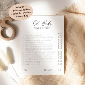 Editable Minimalist Baby Shower True or False, Modern Oh Baby True or ...
