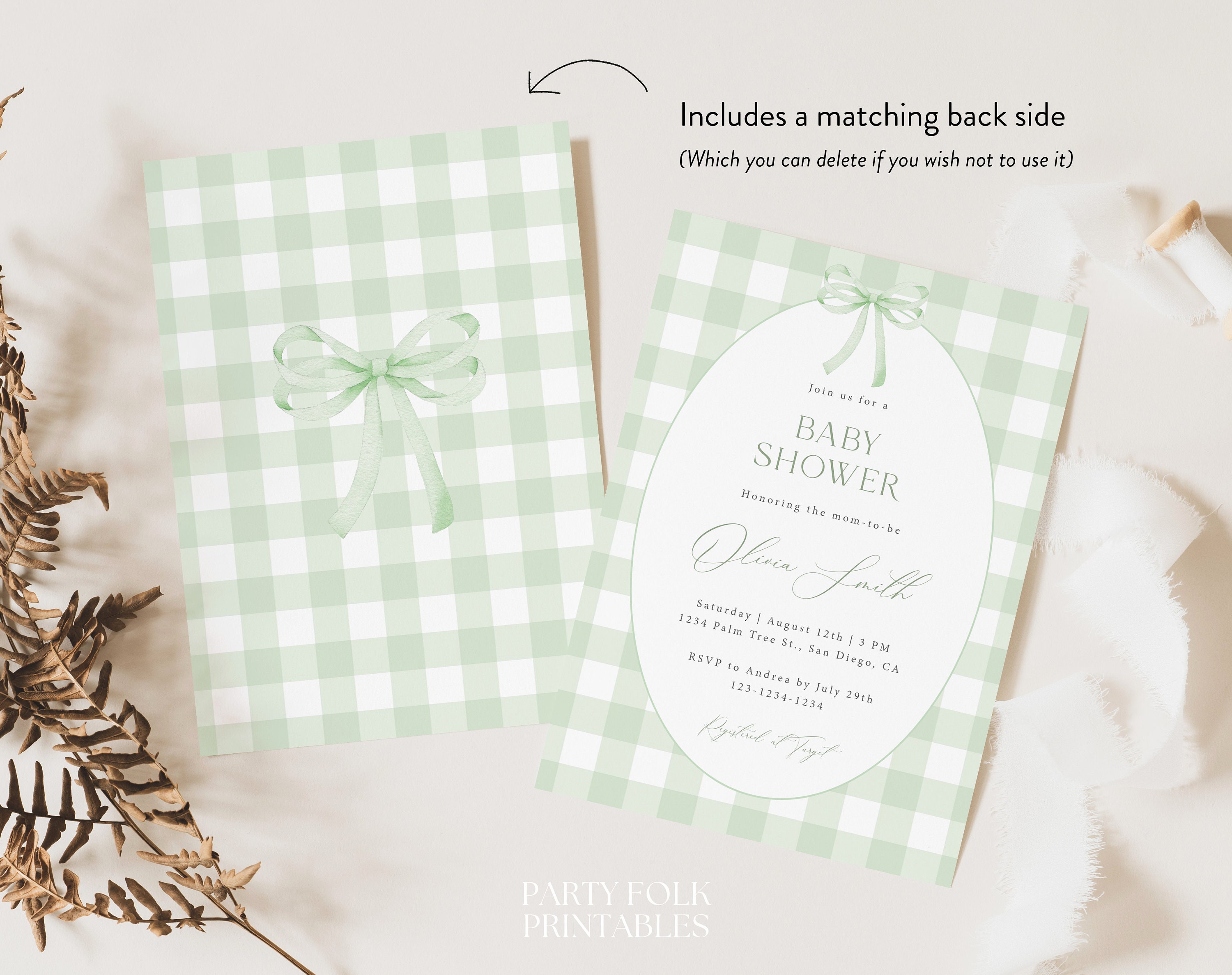 Editable Green Preppy Gingham Baby Shower Invitation Template, Gingham ...