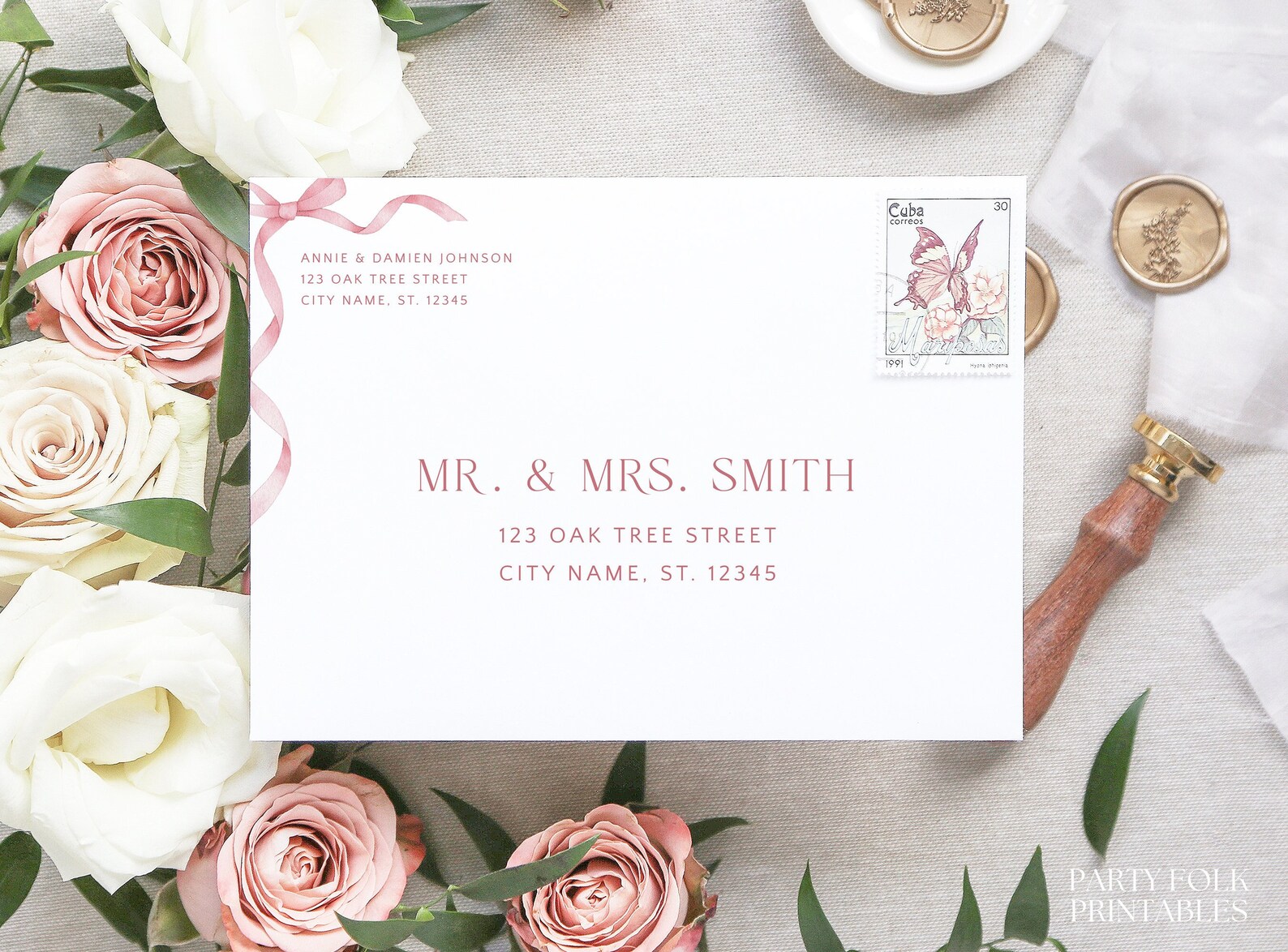 Editable Dusty Pink Bow Envelope Address Template, Personalised Girl ...