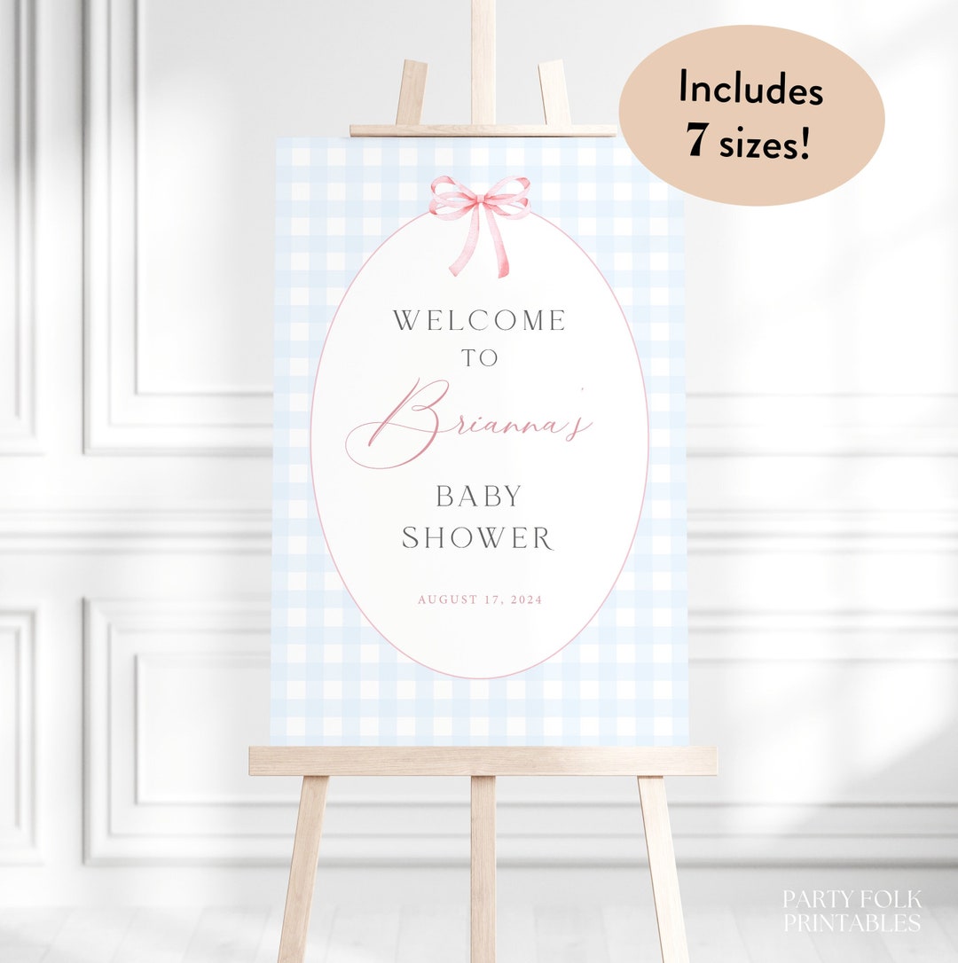 Editable Pink & Blue Preppy Gingham Baby Shower Welcome Sign Template ...