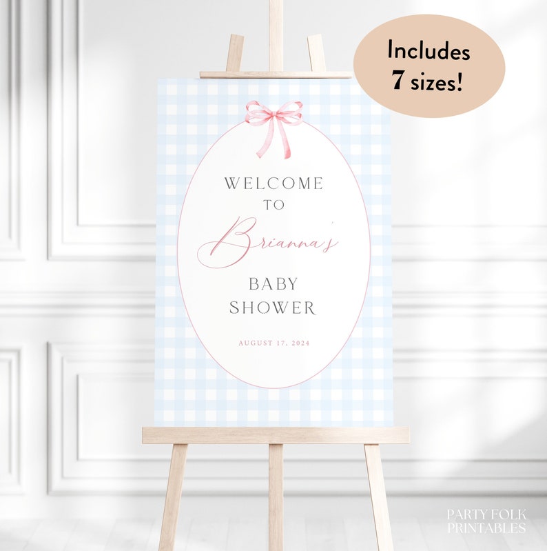 Editable Pink & Blue Preppy Gingham Baby Shower Welcome Sign Template ...