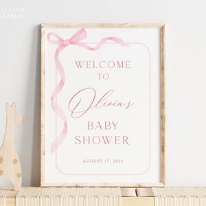 Editable Pink Bow Baby Shower Welcome Sign Template, Editable Blush ...