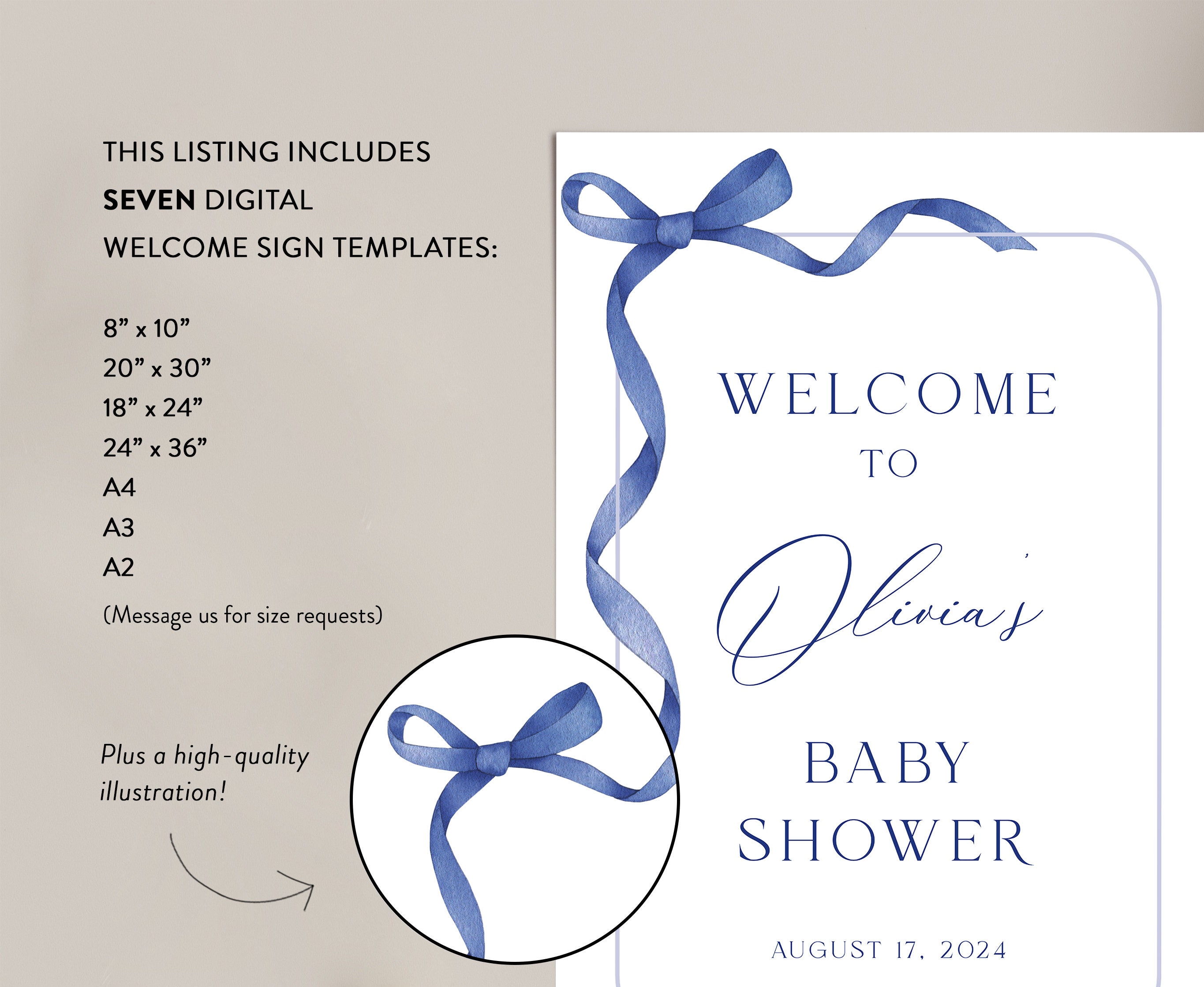 Editable Navy Blue Bow Baby Shower Welcome Sign Template, Instant Boy ...
