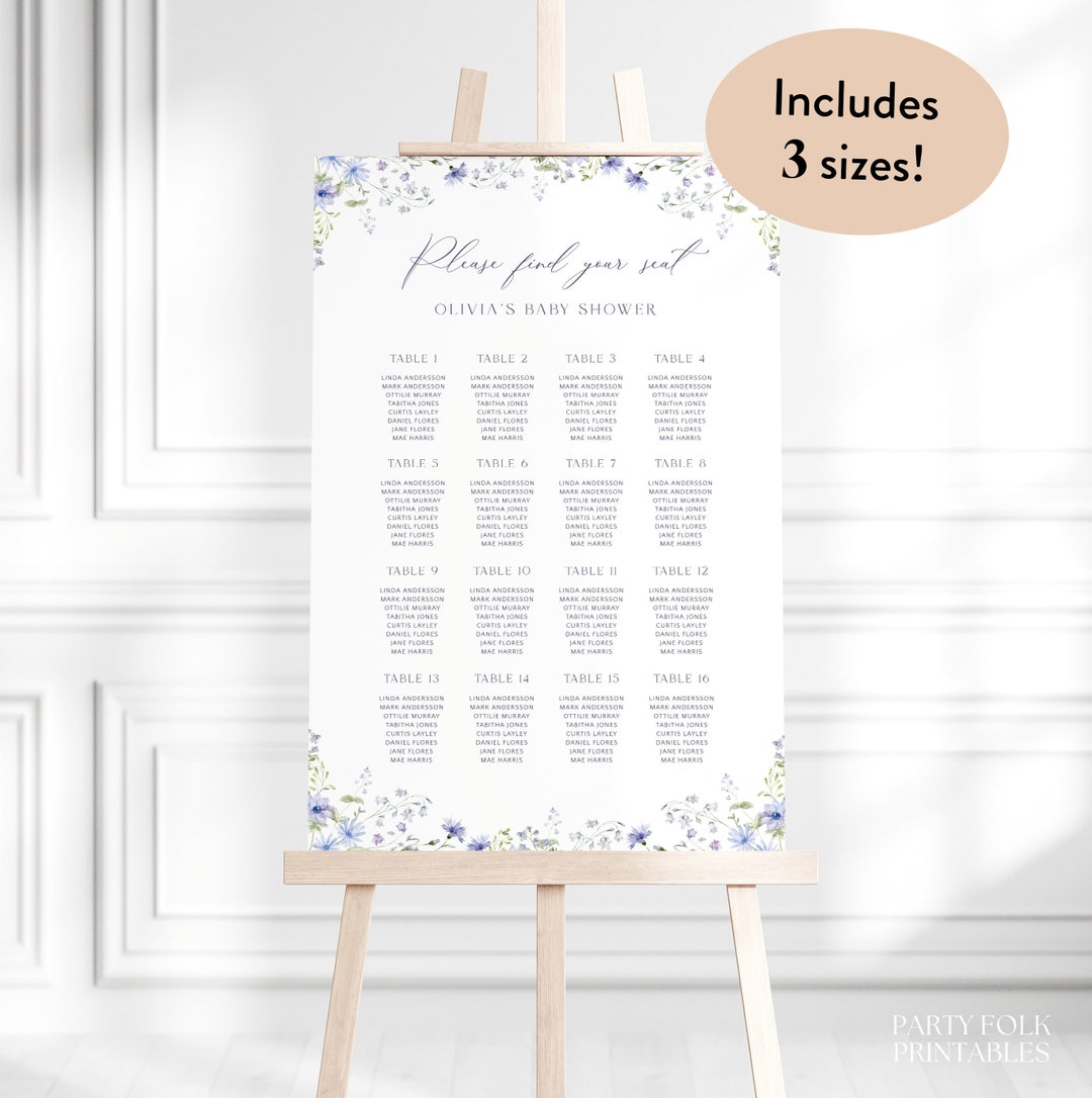 Editable Blue Floral Seating Chart Template, Instant Baby in Bloom ...