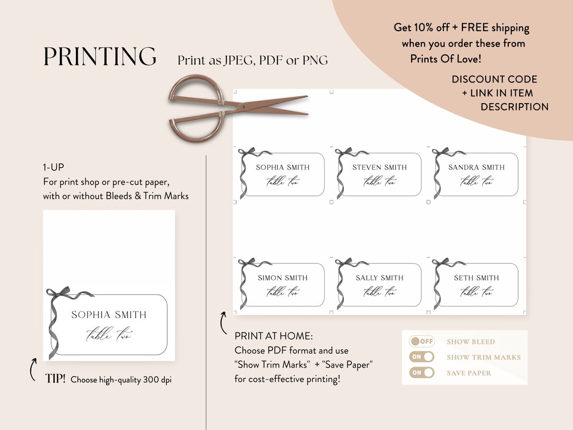 Editable Black Bow Place Card Template, Black & White Name Card, Ribbon ...