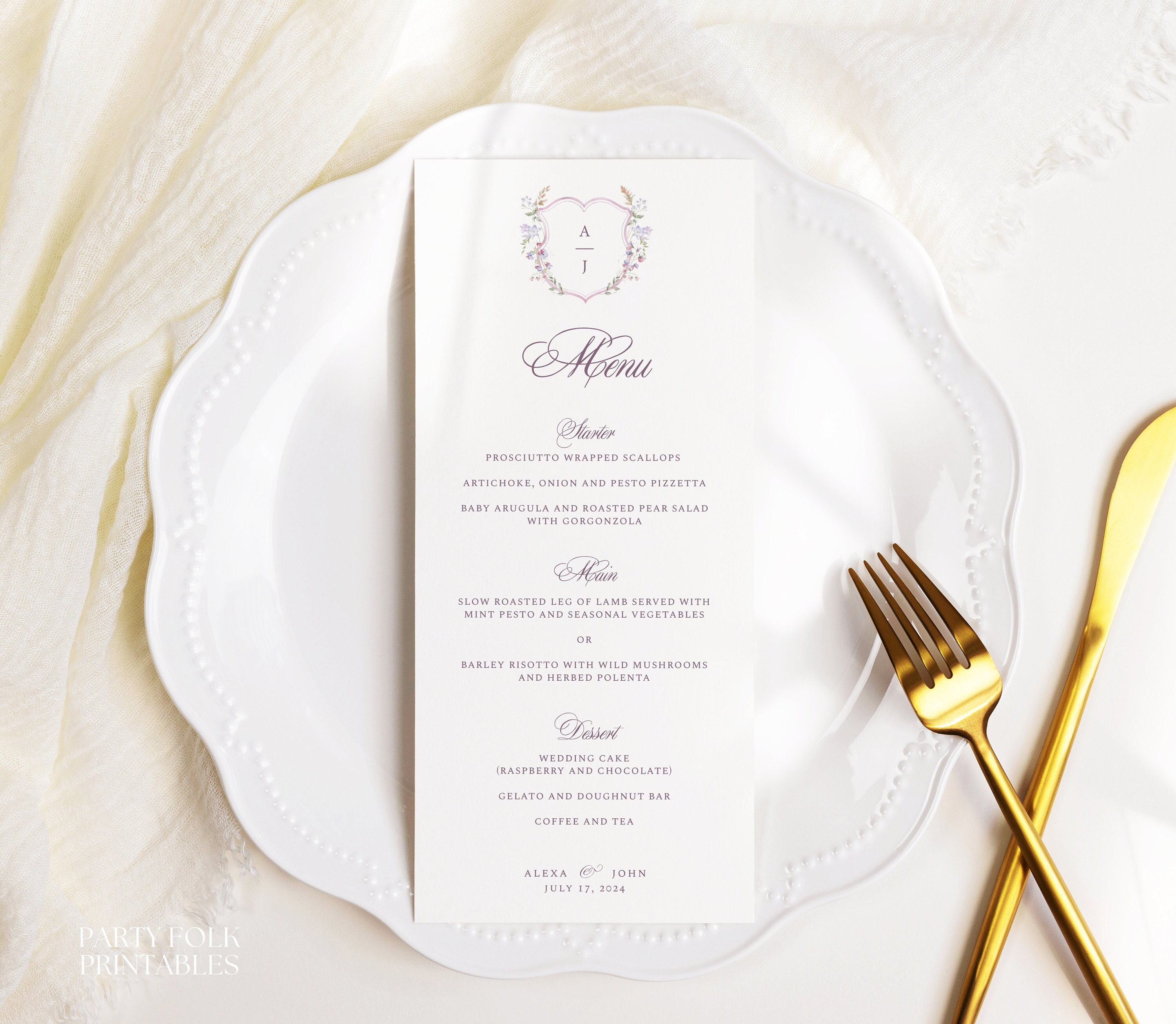 Editable Floral Crest Wedding Menu Template, Lilac Pink Wildflower ...