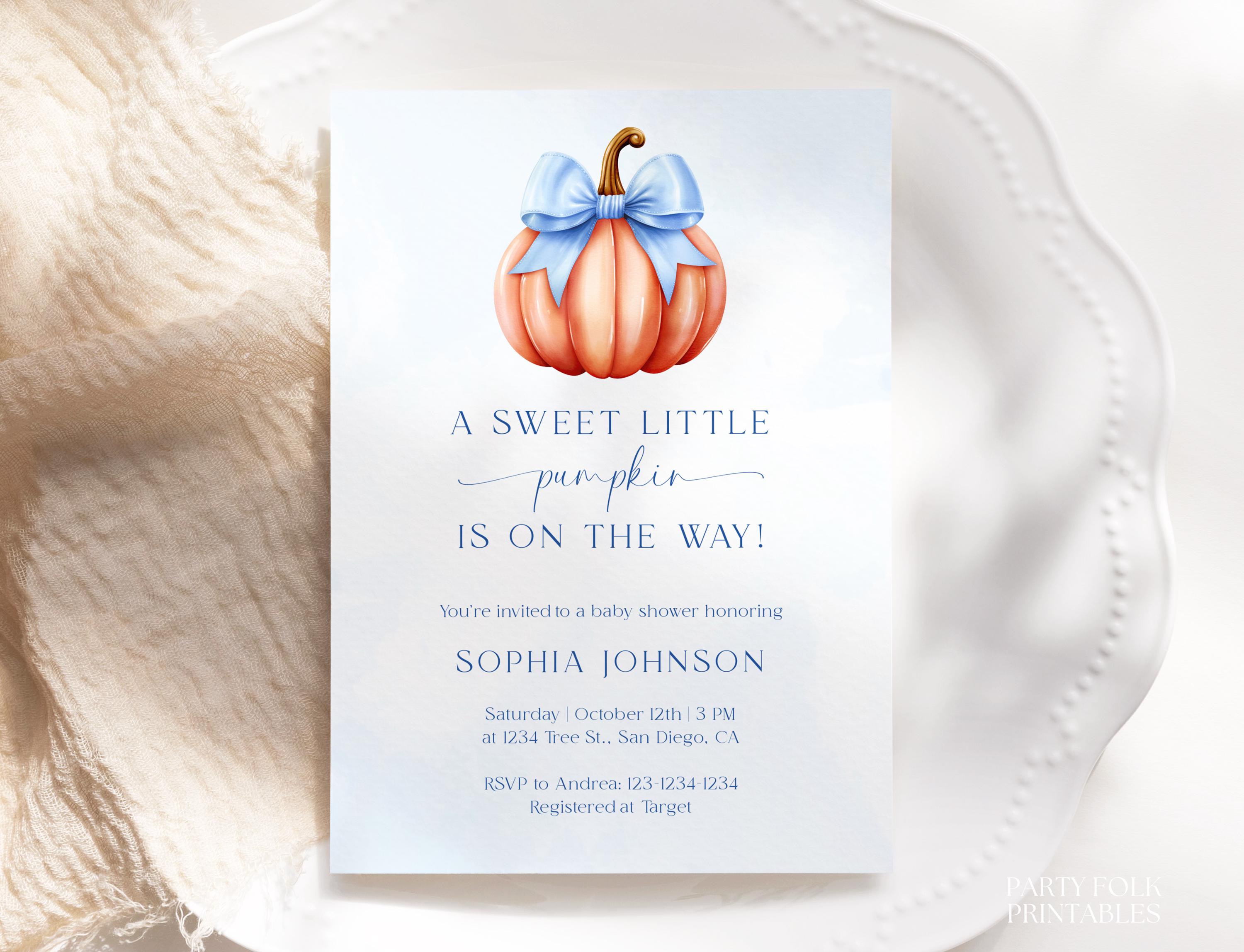 Blue Baby Shower Little Pumpkin Invitation Template, Printable Pumpkin ...