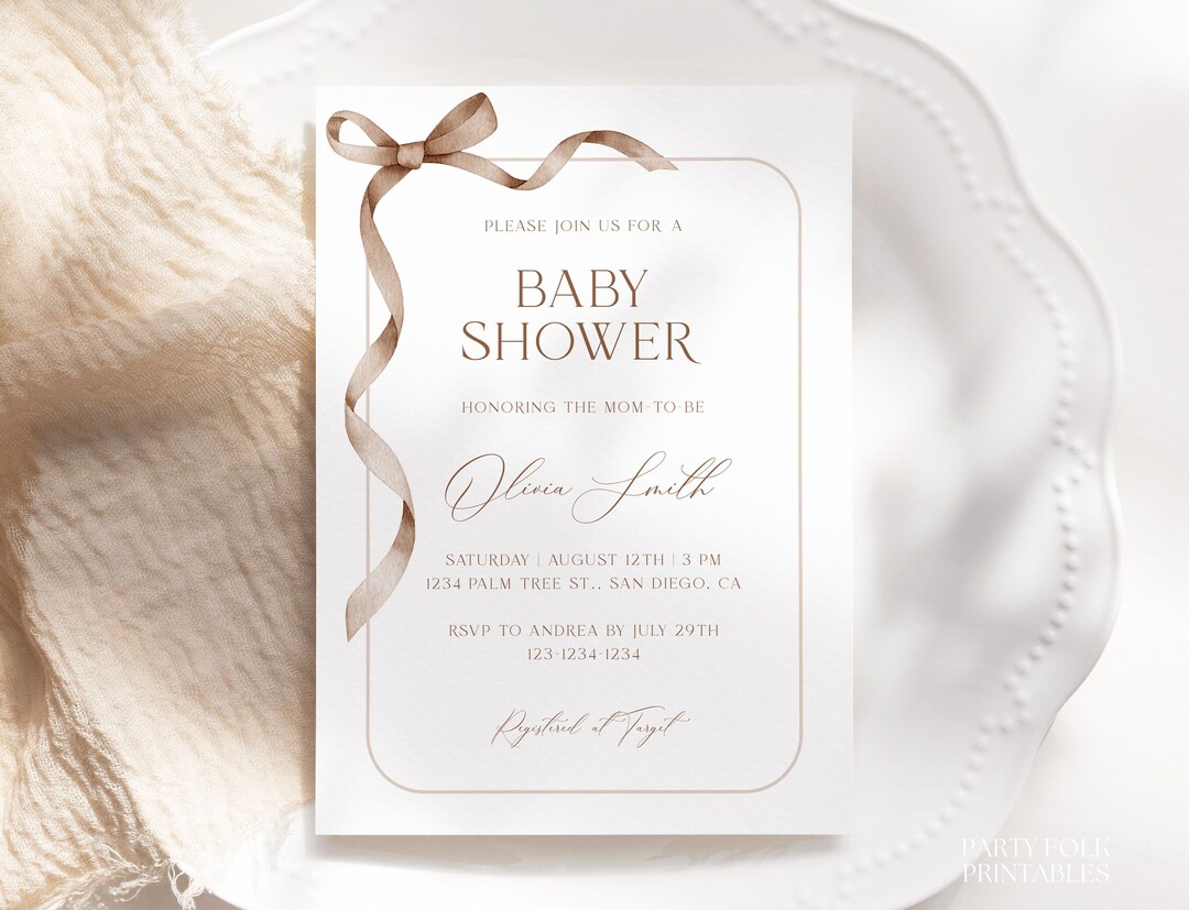 Editable Mocha Brown Bow Baby Shower Invitation, Gender Neutral Baby ...