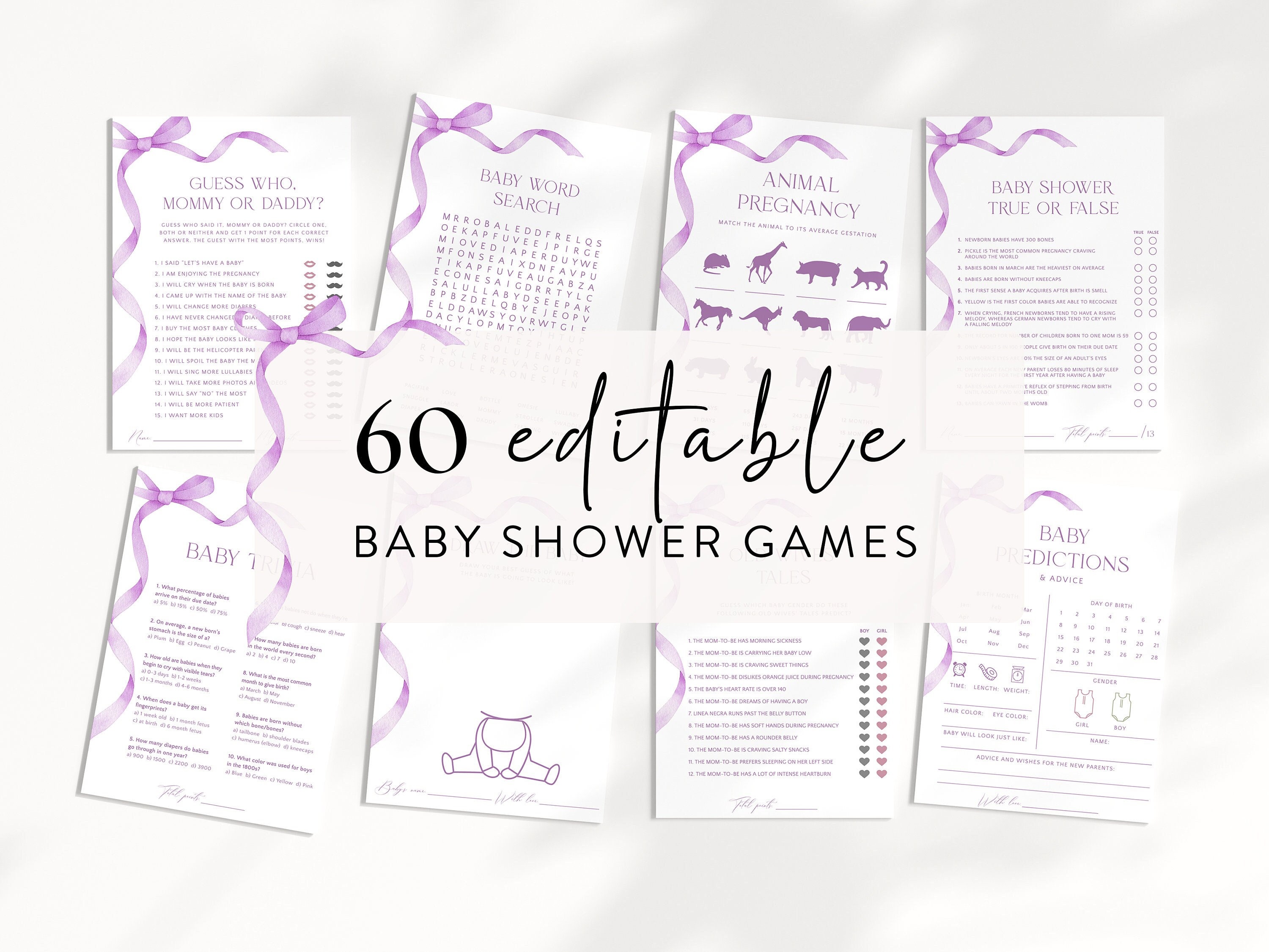 Editable Lilac Bow Baby Shower Game Bundle Purple Ribbon Game - Etsy