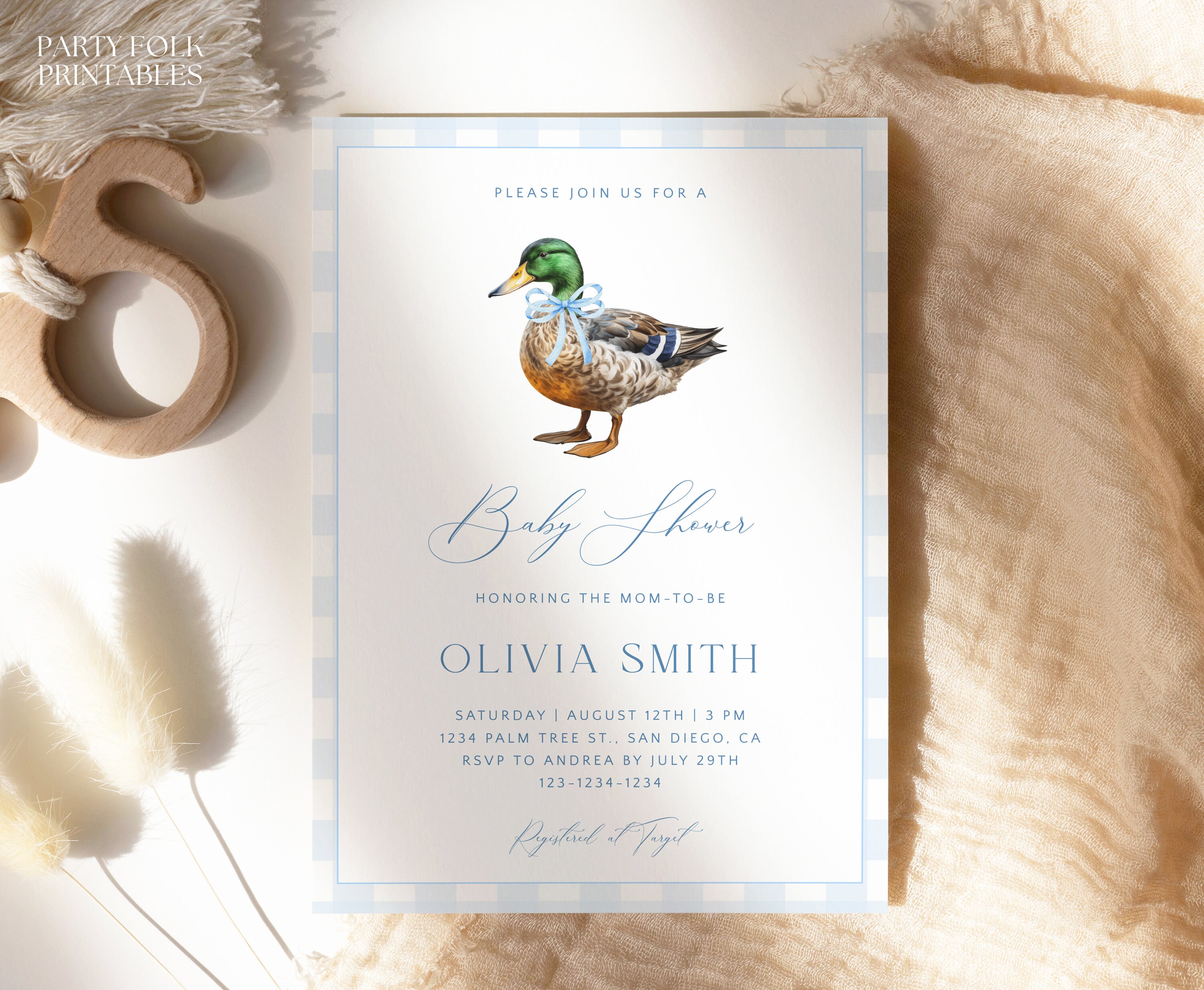 Editable Mallard Duck Baby Shower Invitation Template, Blue Gingham Bow ...