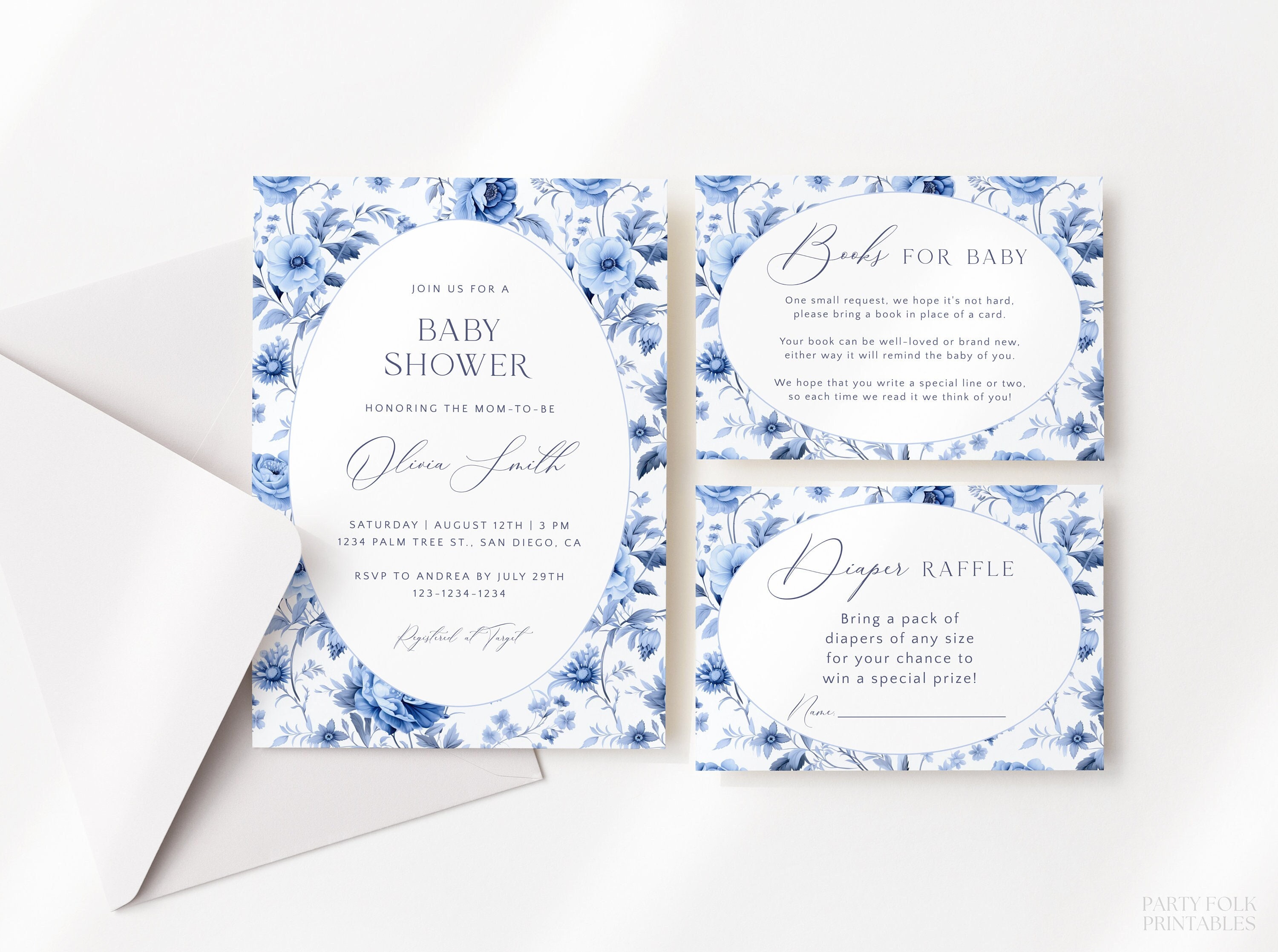Editable Blue Toile Baby Shower Invitation Template Set Dusty - Etsy
