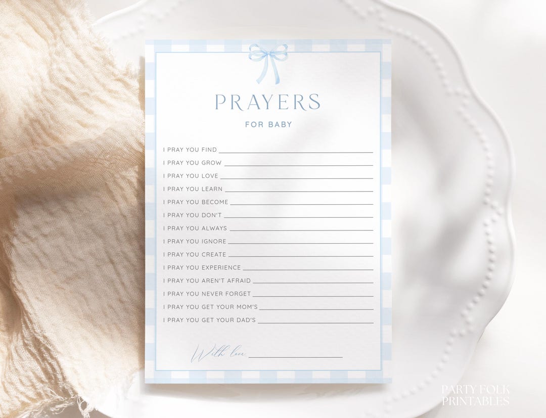 Editable Blue Prayers for Baby Boy, Blue Gingham Bow Baby Shower ...