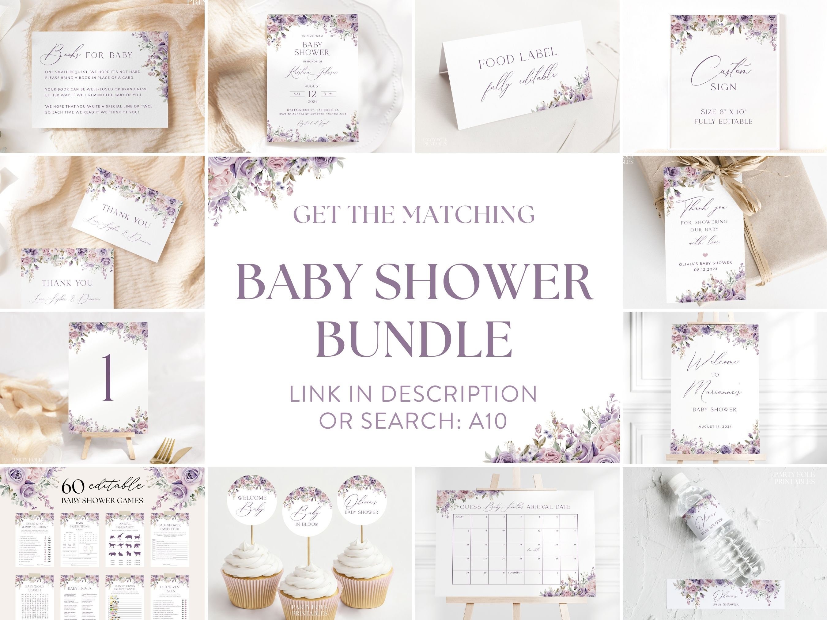 Purple Dusty Rose Baby Shower Game Bundle, Editable Lilac Baby in Bloom ...