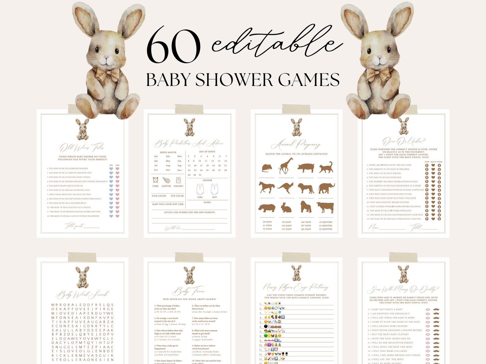 Editable Bunny Baby Shower Game Bundle, Bunny Game Template, Minimalist ...