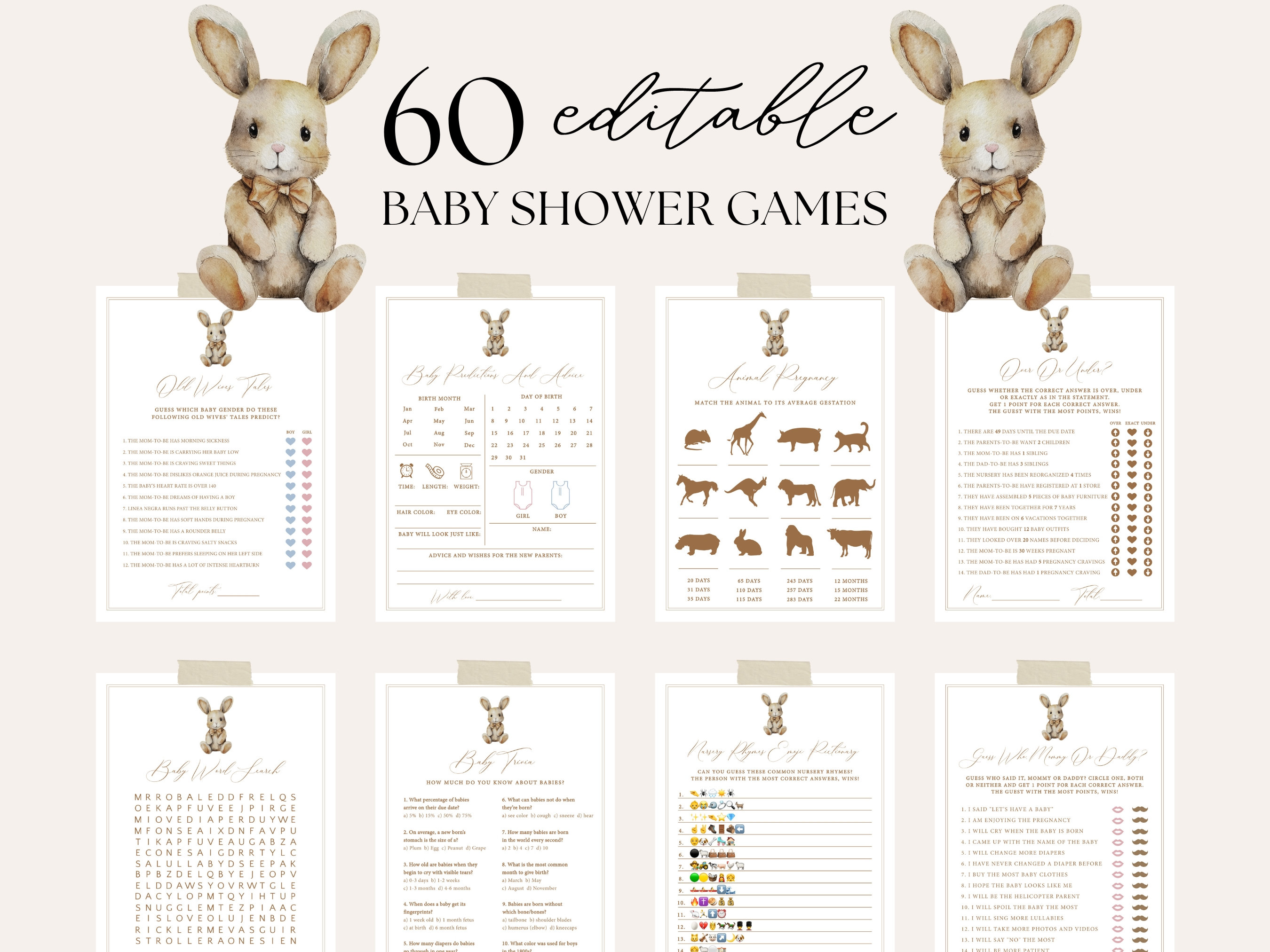 Editable Bunny Baby Shower Game Bundle, Bunny Game Template, Minimalist ...