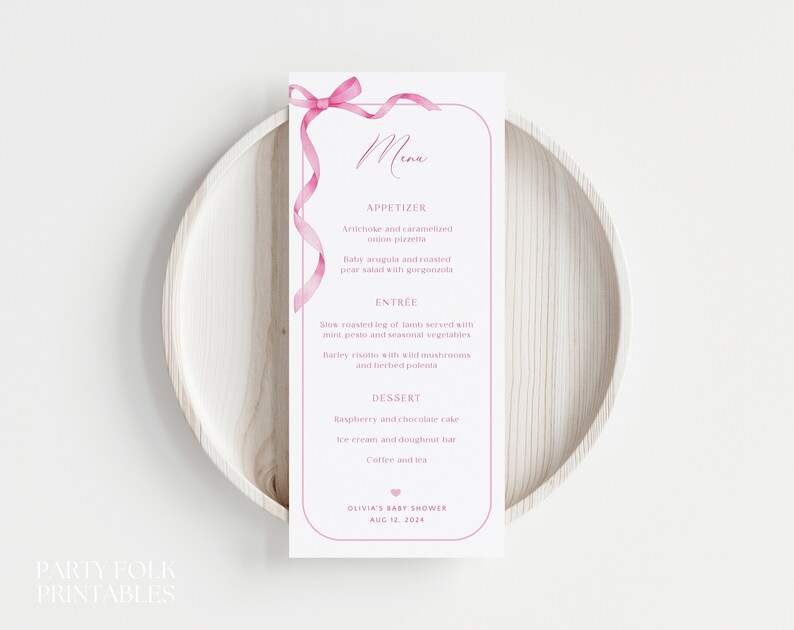 Editable Pink Bow Baby Shower Menu Template, Pink Ribbon Girl Shower ...