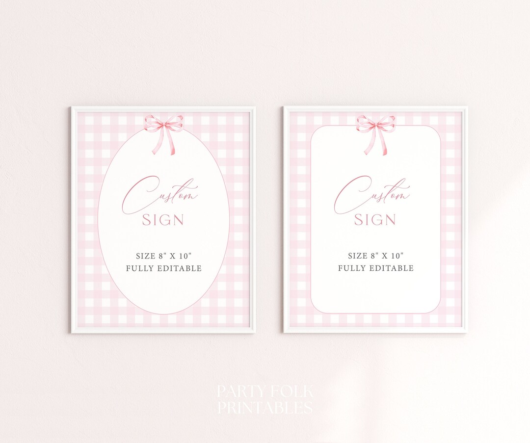 Editable Pink Preppy Gingham Baby Shower Custom Sign, Gingham Pink Bow ...